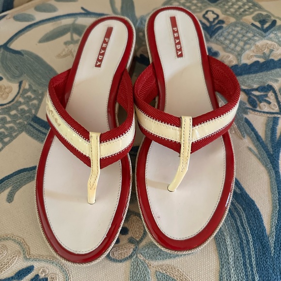 Prada | Shoes | Prada Flip Flops In Patent Leather And Linen Size 65 ...